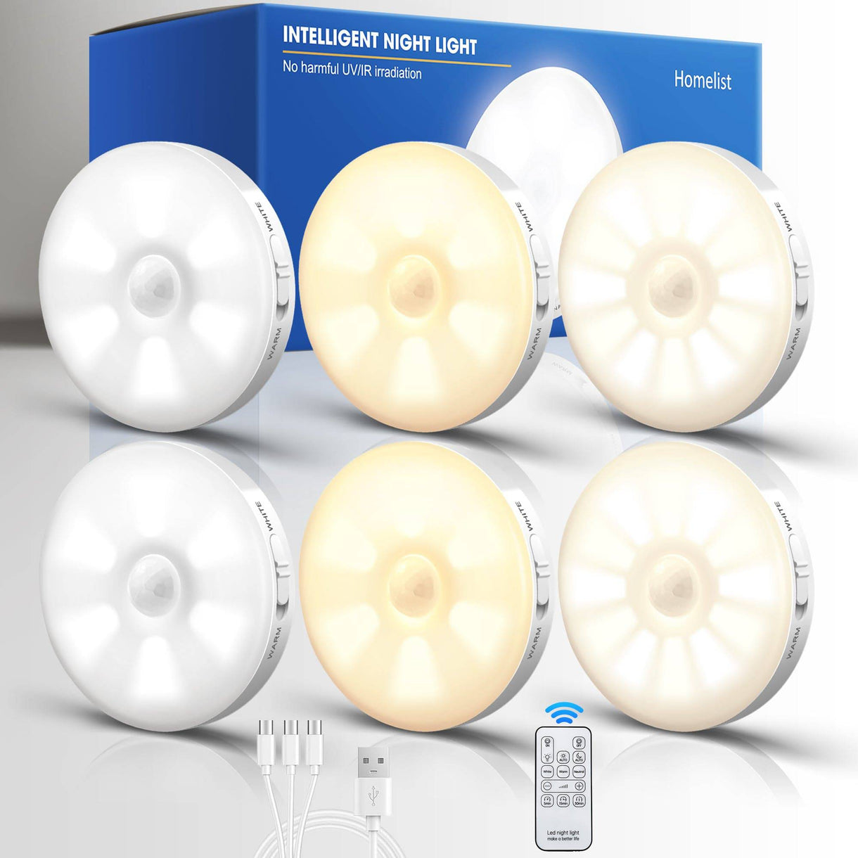 Homelist Indoor Motion Sensor Night Light, 6-Pack with Remote Control